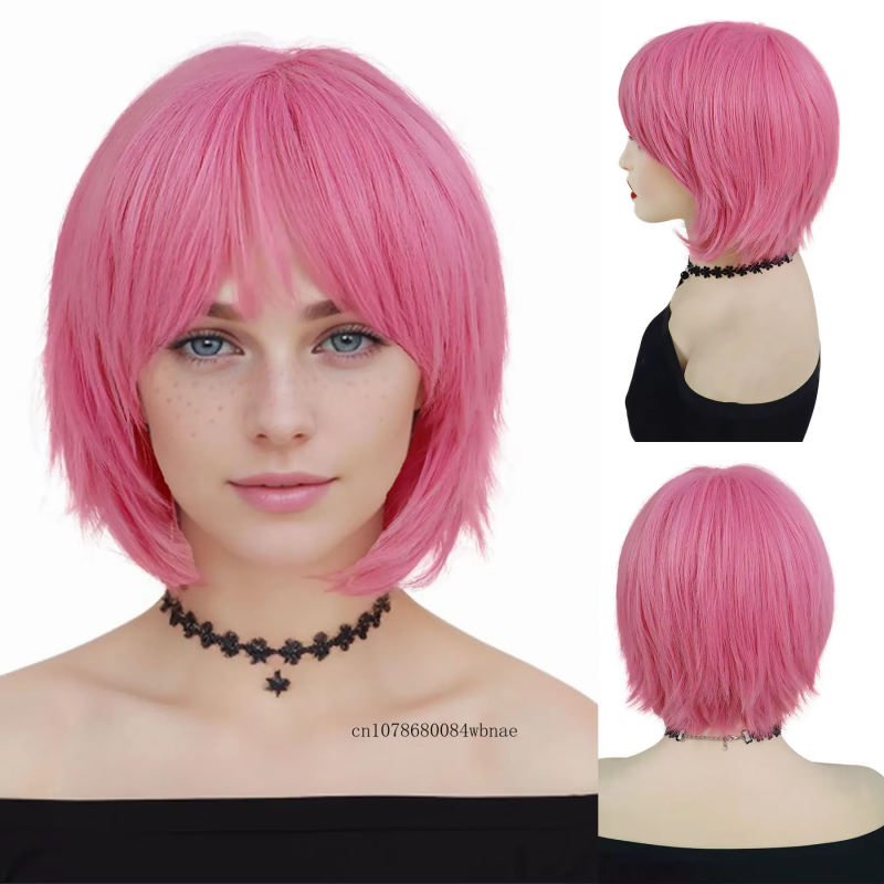 Anime Cosplay Pink Wig Synthetic Hair Short Spiky Wigs with Bangs for ...